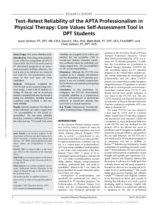 (PDF) Test–Retest Reliability of the APTA Professionalism in Physical ...