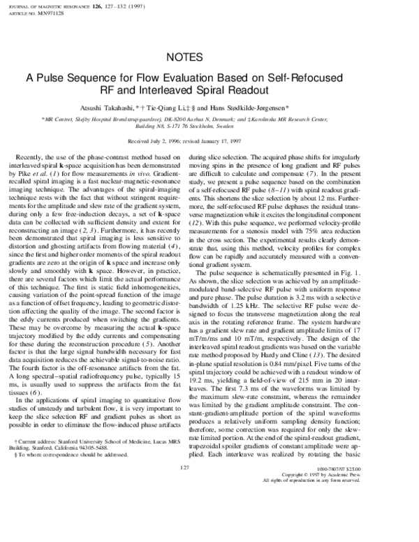 (PDF) A Pulse Sequence for Flow Evaluation Based on Self-Refocused RF ...