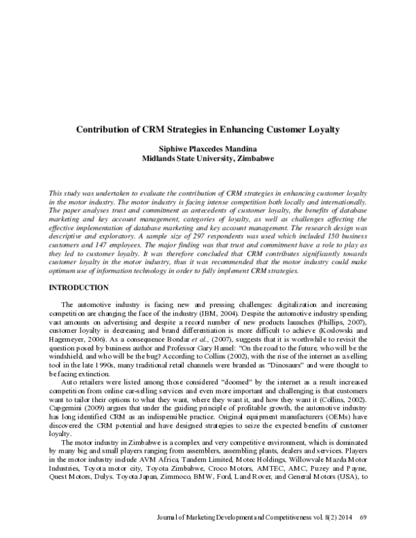 Pdf Contribution Of Crm Strategies In Enhancing Customer Loyalty