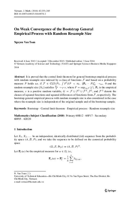 Pdf On Weak Convergence Of The Bootstrap General Empirical Process With Random Resample Size