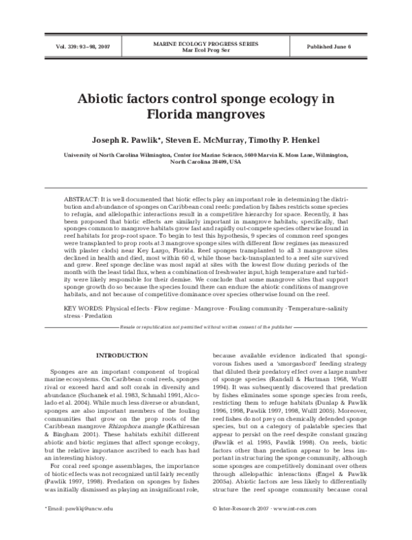 (PDF) Abiotic factors control sponge ecology in Florida mangroves ...