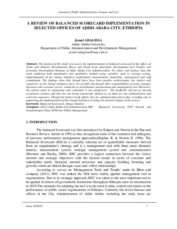 (PDF) A Review of Balanced Scorecard Implementation in Selected Offices of Addis Ababa City ...