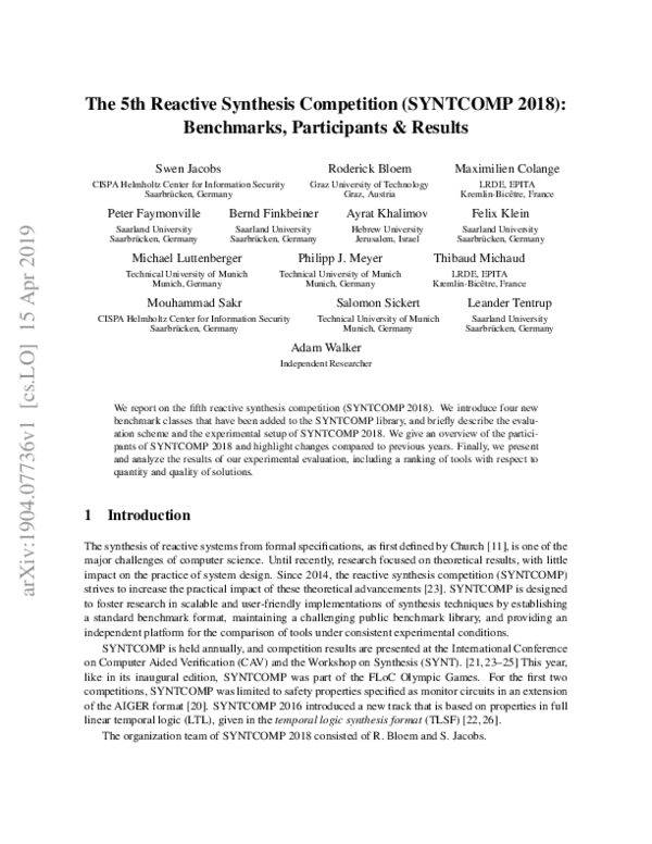 (PDF) The 4th Reactive Synthesis Competition (SYNTCOMP 2017): Benchmarks, Participants & Results