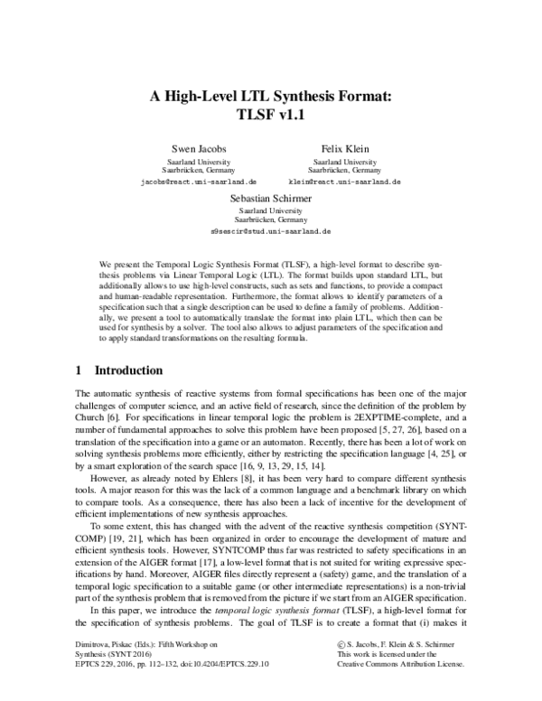 (PDF) A High-Level LTL Synthesis Format: TLSF v1.1