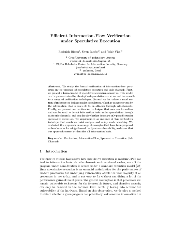 Pdf Efficient Information Flow Verification Under Speculative Execution Swen Jacobs