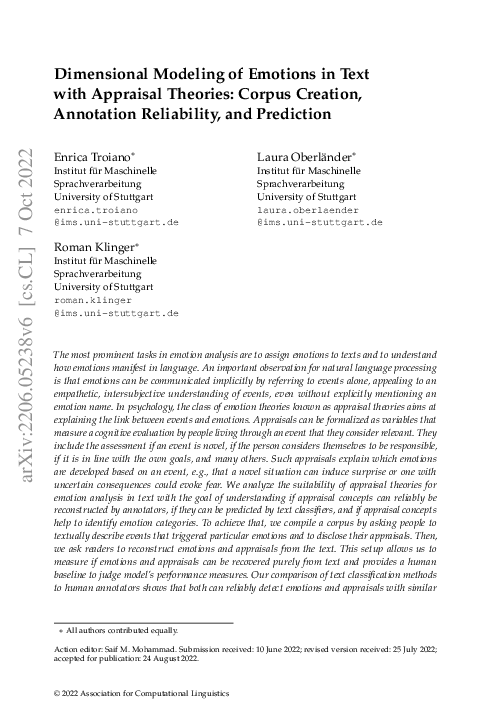 (PDF) Dimensional Modeling of Emotions in Text with Appraisal Theories: Corpus Creation ...