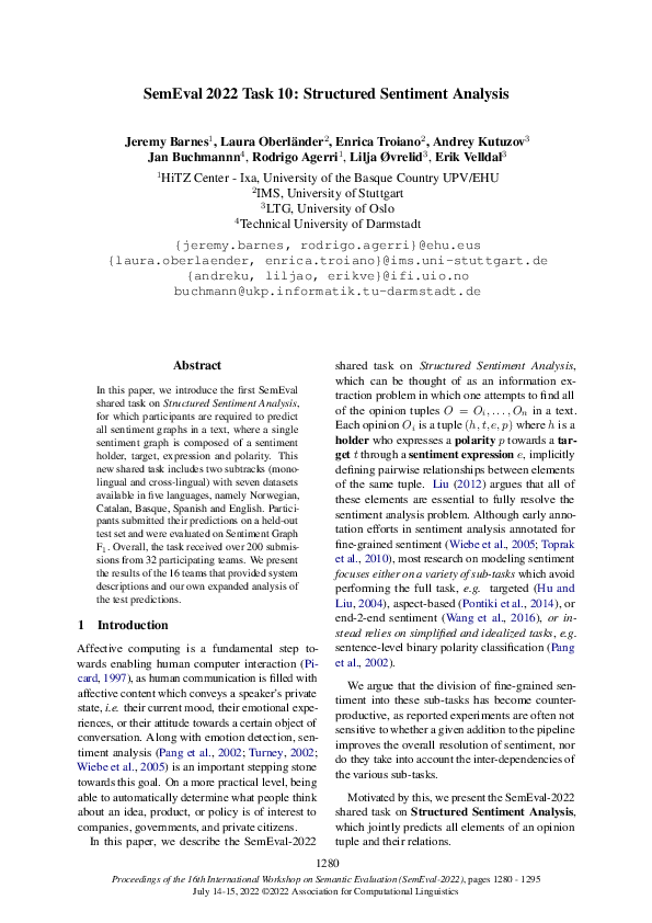 (PDF) SemEval 2022 Task 10: Structured Sentiment Analysis
