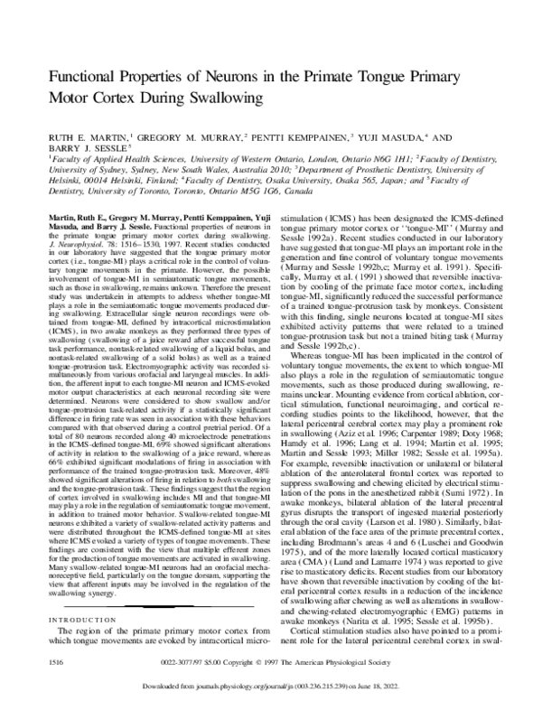 (PDF) Functional Properties of Neurons in the Primate Tongue Primary ...