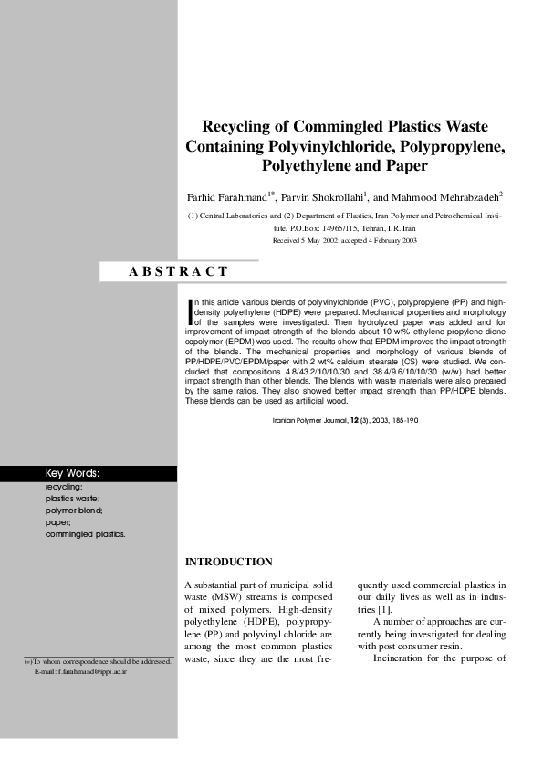 (PDF) Recycling of commingled plastics waste containing polypropylene ...