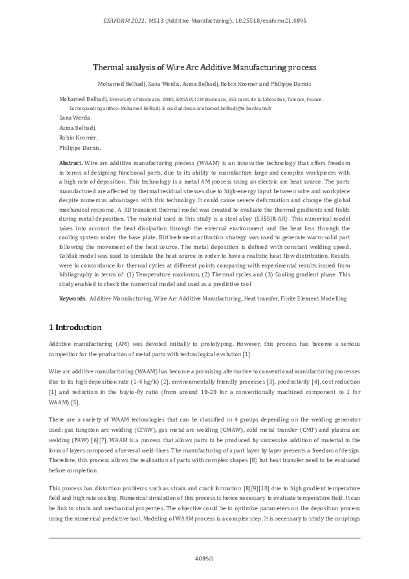 Pdf Thermal Analysis Of Wire Arc Additive Manufacturing Process