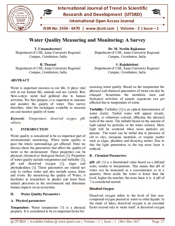 (PDF) Water Quality Measuring and Monitoring: A Survey