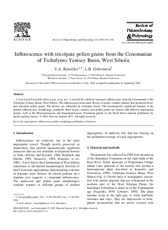 (PDF) Inflorescence with tricolpate pollen grains from the Cenomanian ...