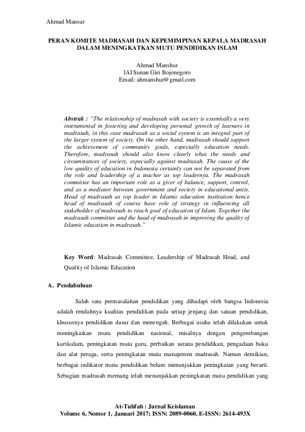 Pdf Peran Komite Madrasah Dan Kepemimpinan Kepala Madrasah Dalam