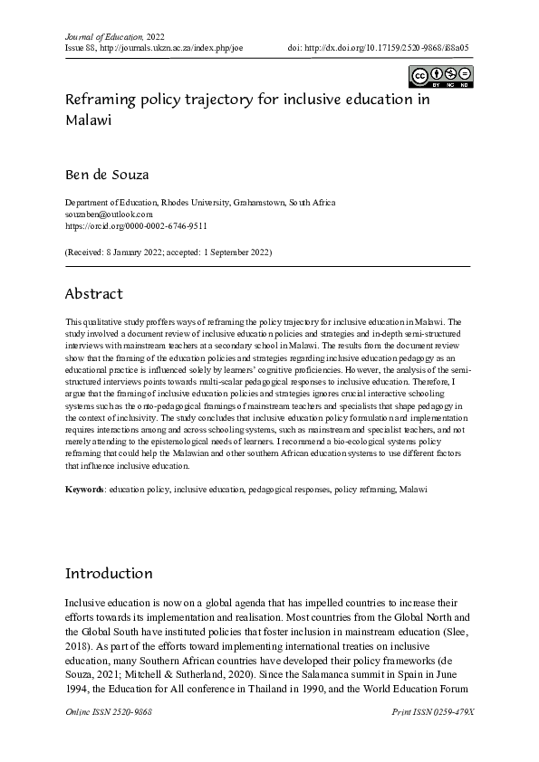 (PDF) Reframing policy trajectory for inclusive education in Malawi