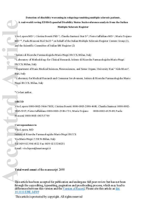 (PDF) Detection of disability worsening in relapsing‐remitting multiple sclerosis patients: a ...