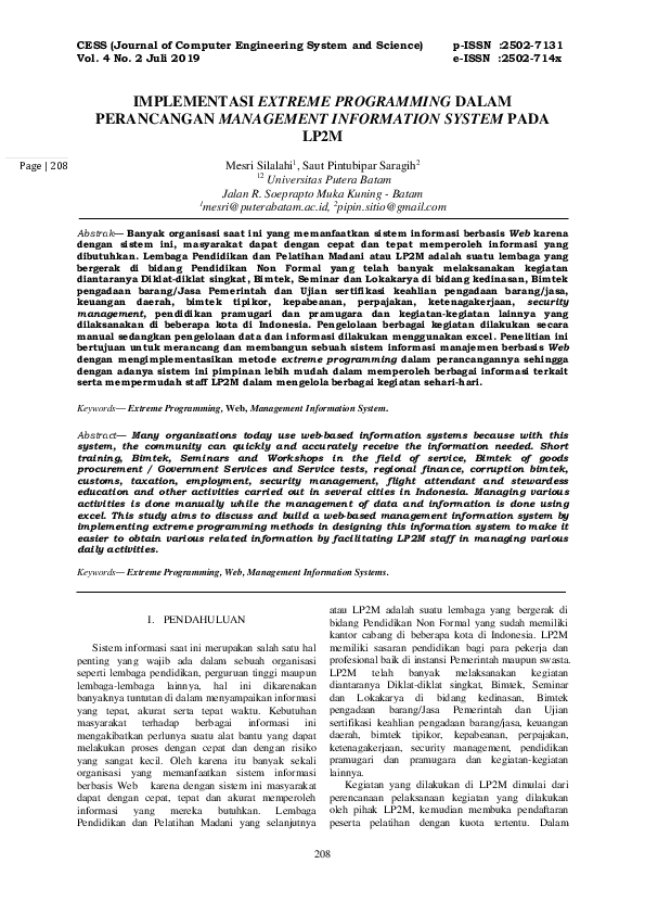 (PDF) Implementasi Extreme Programming Dalam Perancangan Management Information System Pada LP2M ...