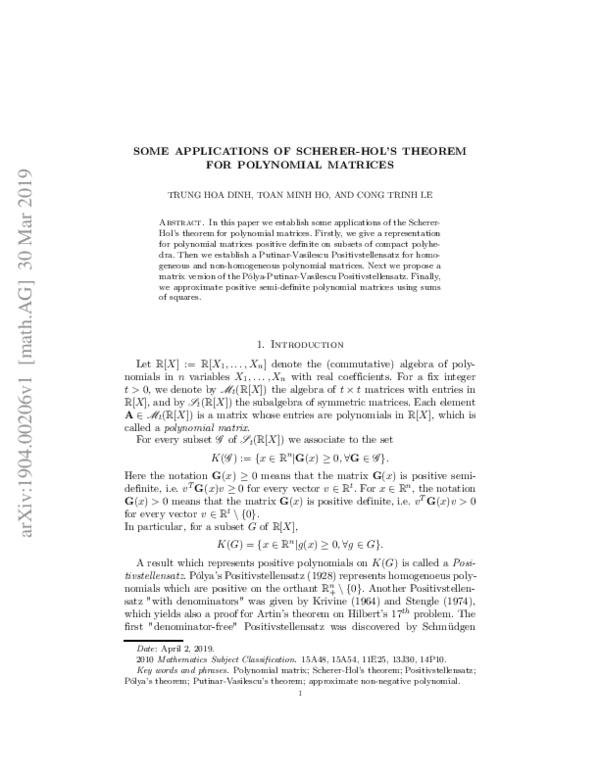 (PDF) Some applications of Scherer-Hol's theorem for polynomial matrices | Minh Toan Ho ...