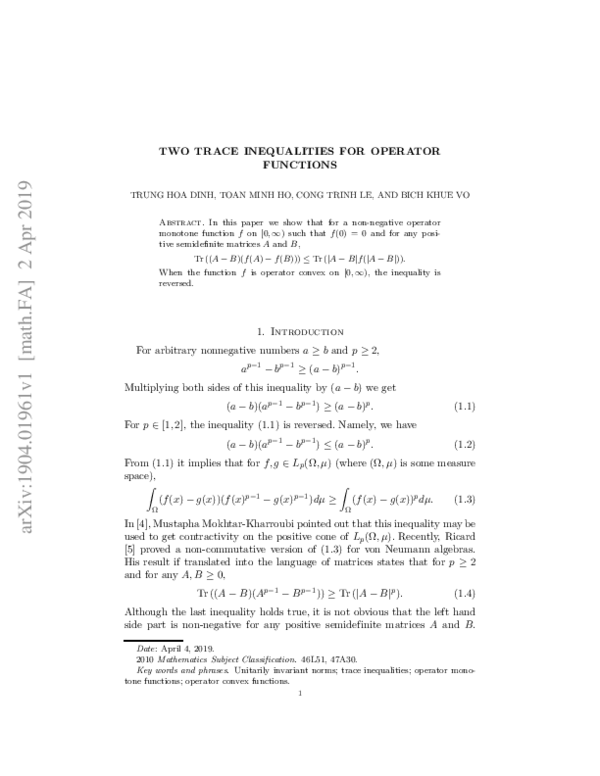 (PDF) Two trace inequalities for operator functions