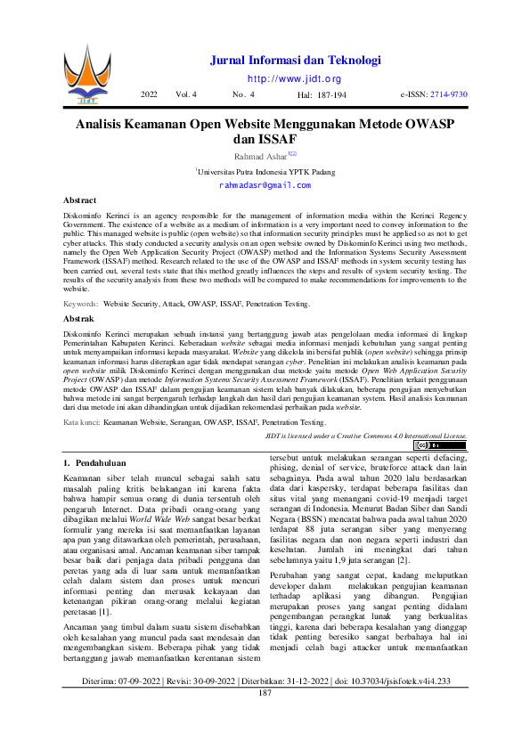 (PDF) Analysis of Open Website Security Using OWASP and ISSAF Methods | Rahmad Ashar - Academia.edu