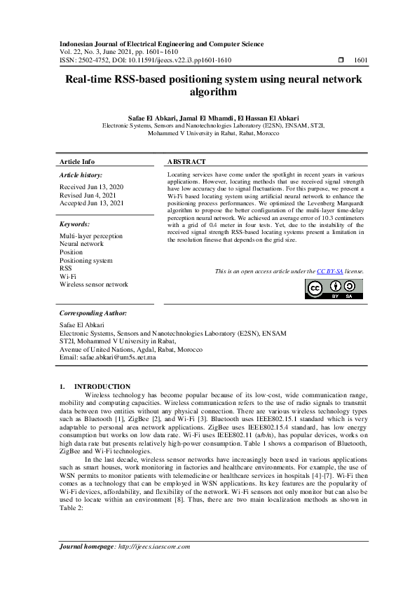 Pdf Real Time Rss Based Positioning System Using Neural Network Algorithm Hassan Abkari 5974