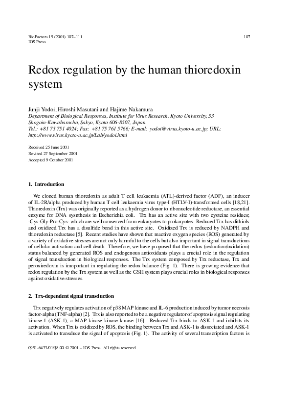 (PDF) Redox regulation by the human thioredoxin system | Junji Yodoi - Academia.edu