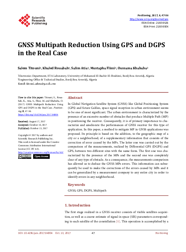 Pdf Gnss Multipath Reduction Using Gps And Dgps In The Real Case
