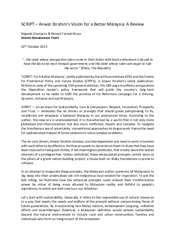 (PDF) SCRIPT -Anwar Ibrahim's Vision for a Better Malaysia: A Review
