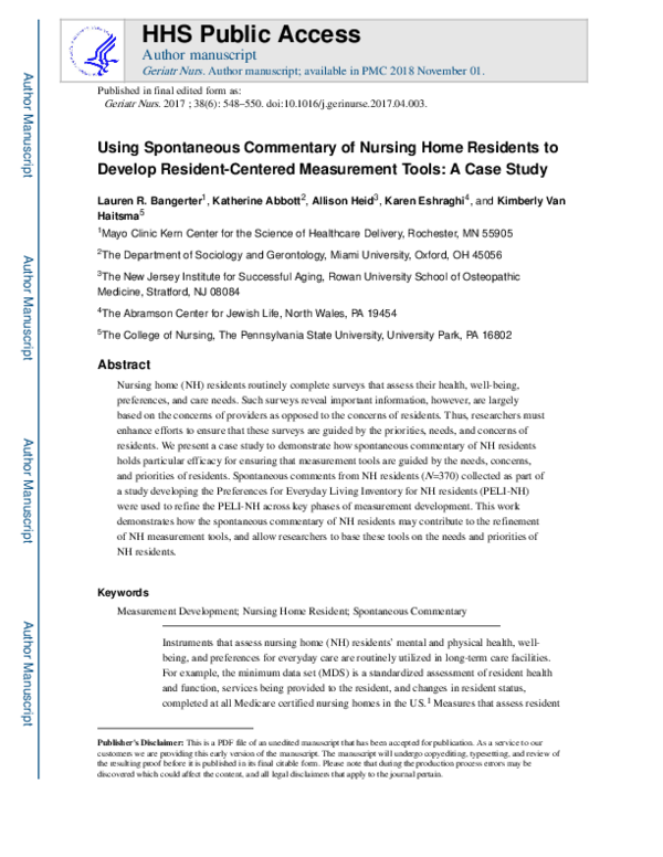 (PDF) Using spontaneous commentary of nursing home residents to develop ...