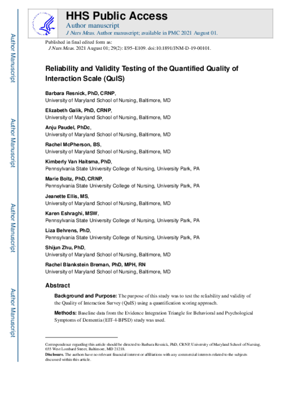 Pdf Reliability And Validity Testing Of The Quantified Quality Of Interaction Scale Quis