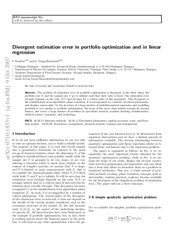 (PDF) Divergent estimation error in portfolio optimization and in linear regression