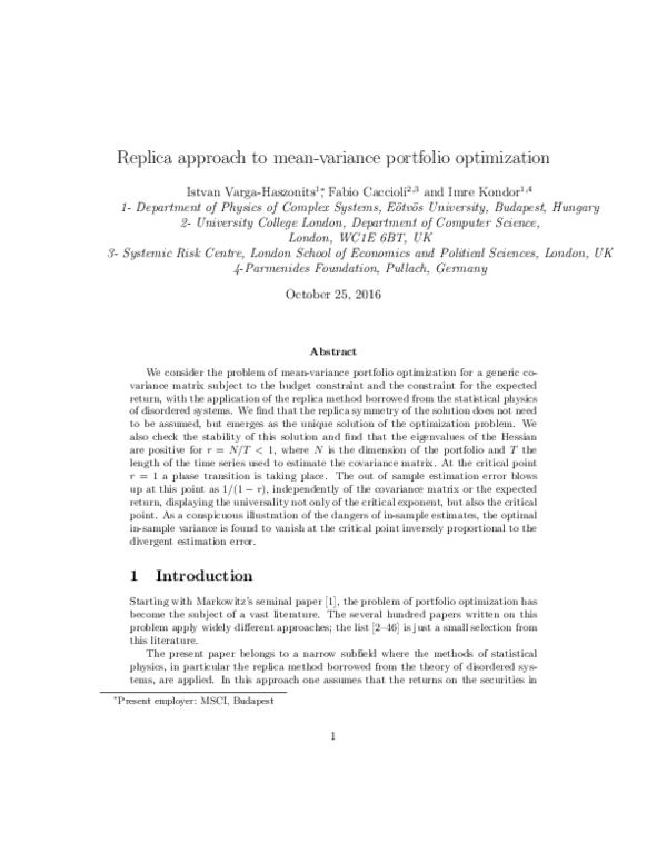 (PDF) Replica approach to mean-variance portfolio optimization