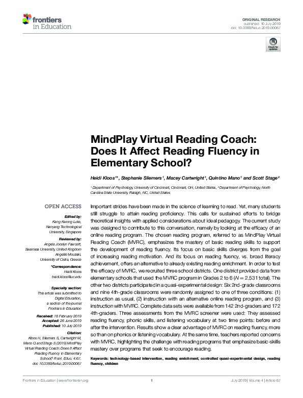 (PDF) MindPlay Virtual Reading Coach: Does It Affect Reading Fluency in ...
