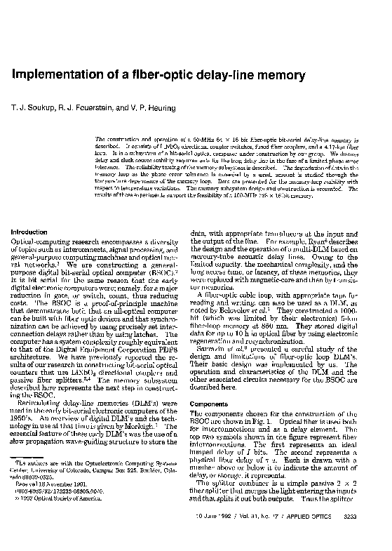 (PDF) Implementation of a fiber-optic delay-line memory
