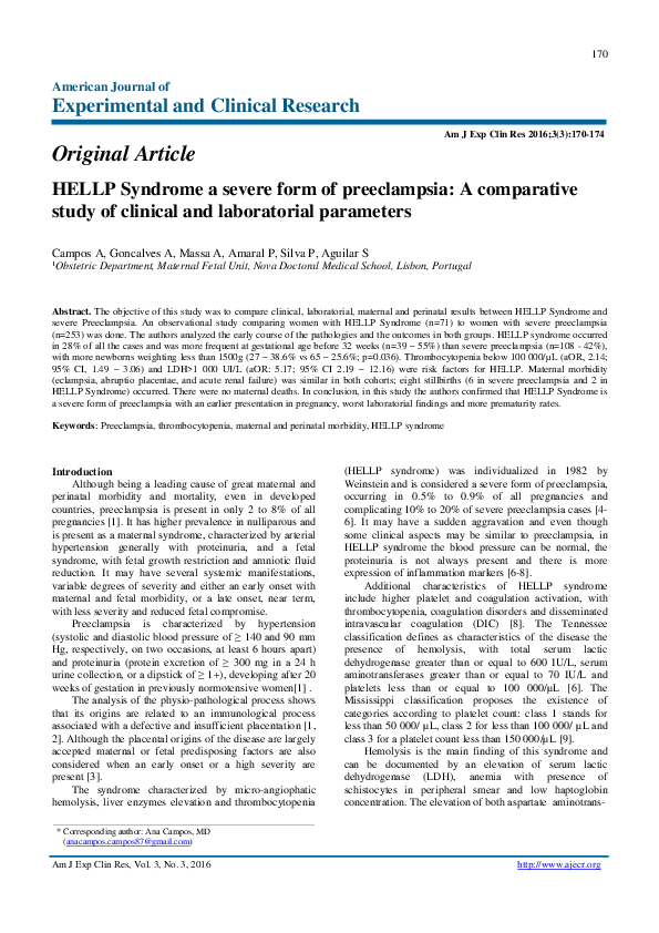 (PDF) HELLP Syndrome a severe form of preeclampsia: A comparative study of clinical and ...