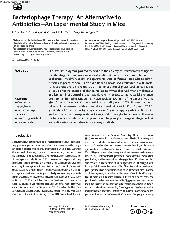 (PDF) Bacteriophage Therapy: An Alternative to Antibiotics—An Experimental Study in Mice