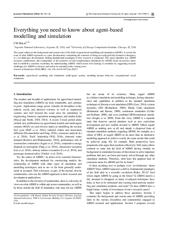 Pdf Everything You Need To Know About Agent Based Modelling And Simulation Charles Macal