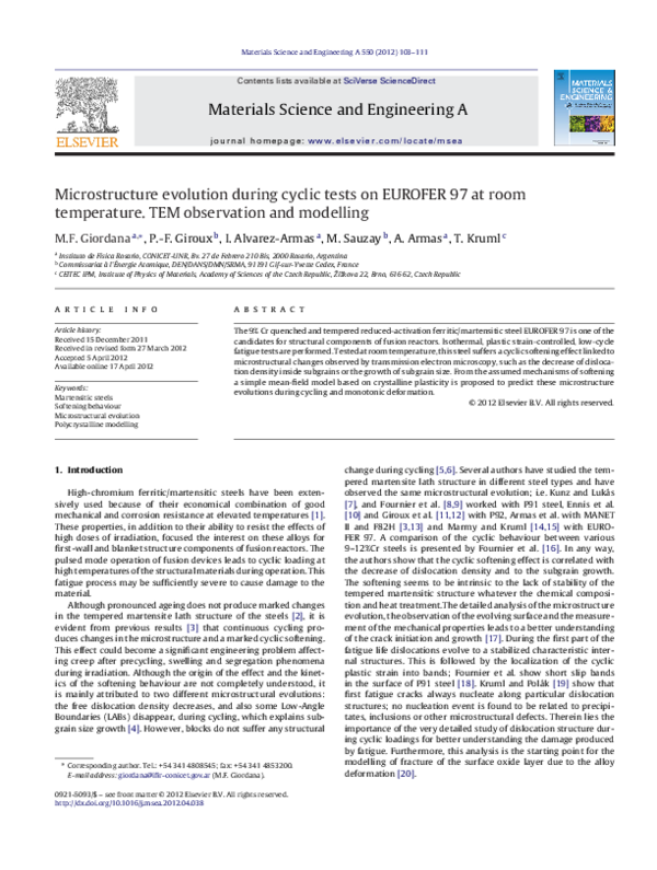 (PDF) Microstructure evolution during cyclic tests on EUROFER 97 at ...