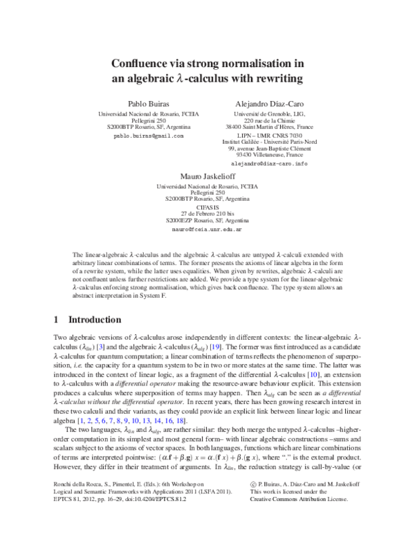 (PDF) Confluence via strong normalisation in an algebraic λ-calculus with rewriting | Pablo ...