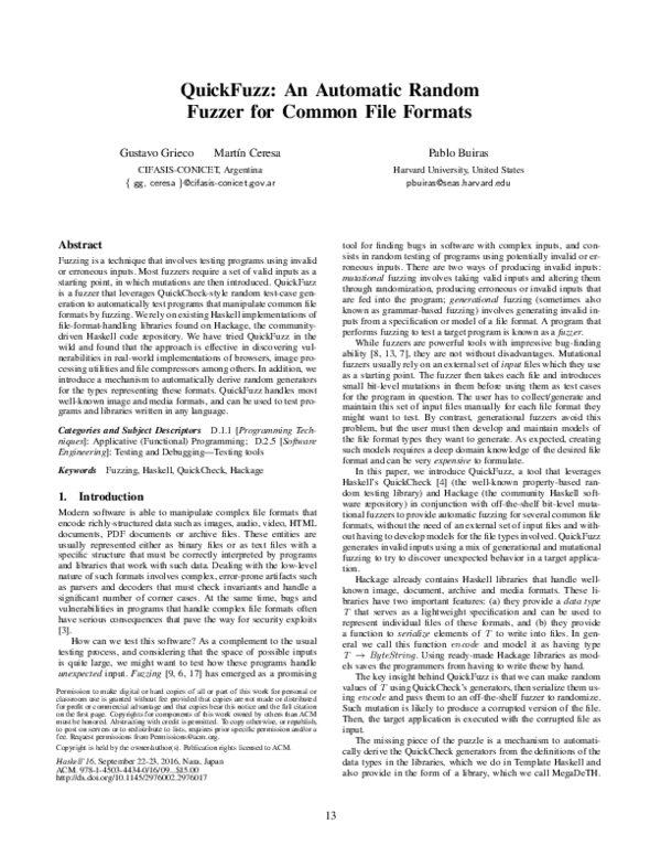 (PDF) QuickFuzz: an automatic random fuzzer for common file formats | Pablo Buiras - Academia.edu
