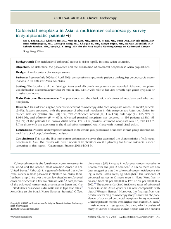 (PDF) Colorectal neoplasia in Asia: a multicenter colonoscopy survey in ...