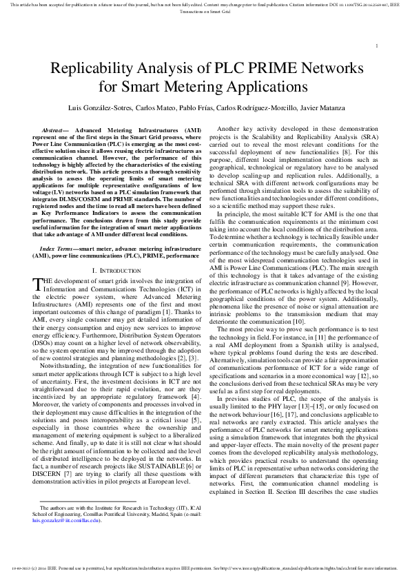 (PDF) Replicability Analysis of PLC PRIME Networks for Smart Metering Applications