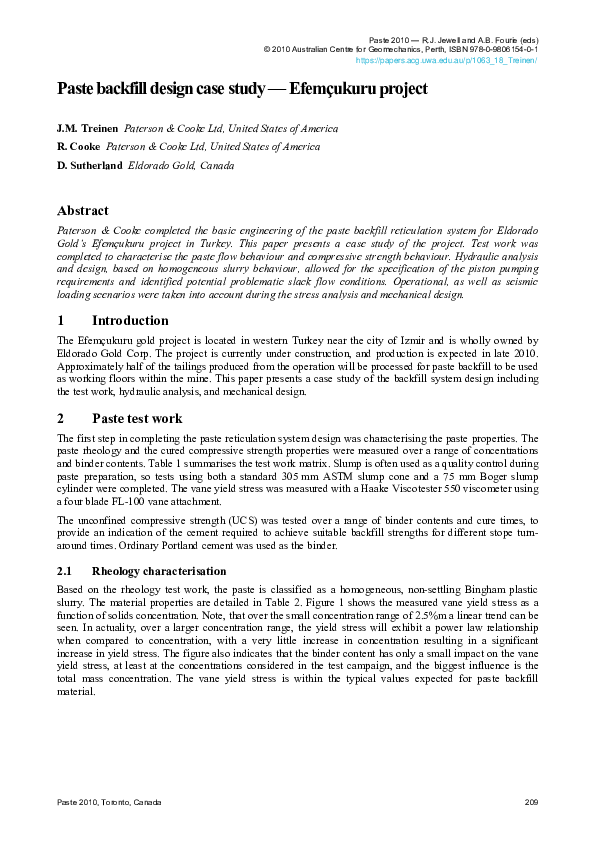 (PDF) Paste backfill design case study — Efemçukuru project