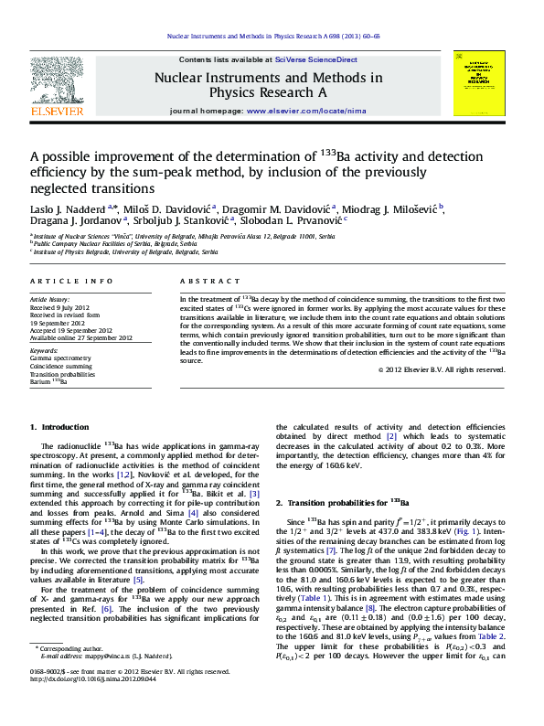 (PDF) A possible improvement of the determination of 133Ba activity and detection efficiency by ...