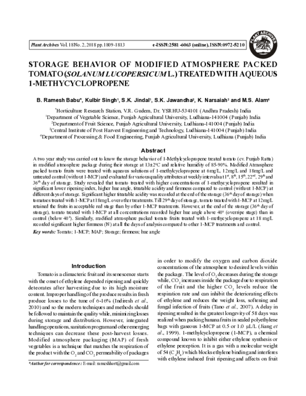 (PDF) 1-Methylcyclopropene Effects on Tomato Storage