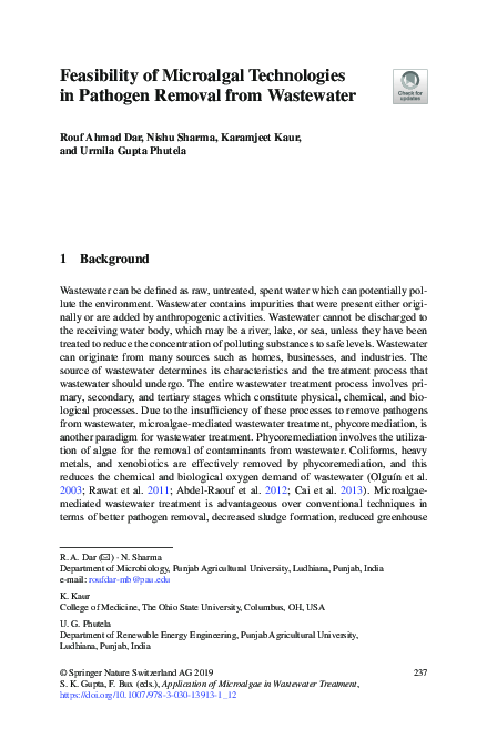 (PDF) Feasibility of Microalgal Technologies in Pathogen Removal from Wastewater | Nishu Sharma ...