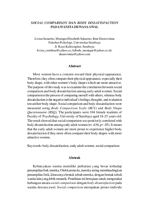 (PDF) Social Comparison Dan Body Dissatisfaction Pada Wanita Dewasa Awal
