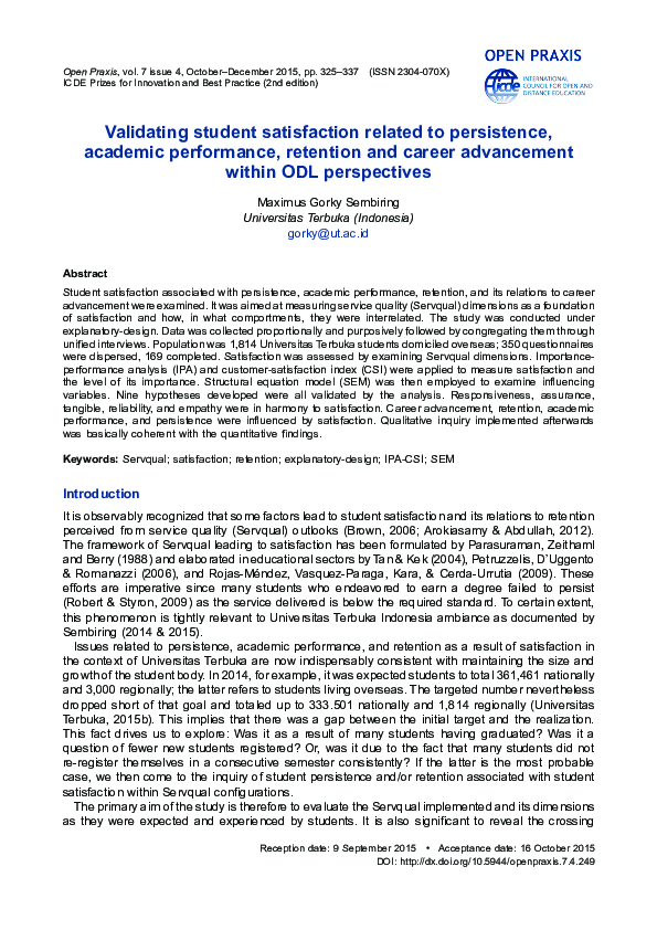(PDF) Validating student satisfaction related to persistence, academic performance, retention ...