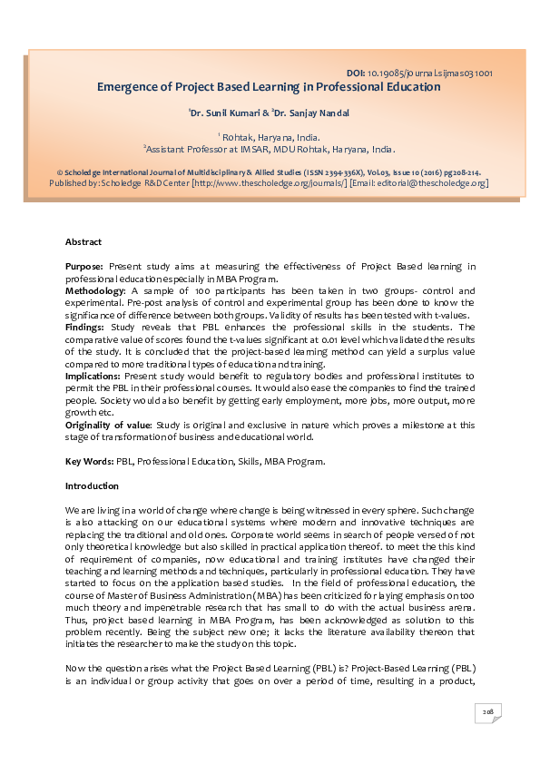 (PDF) Emergence of Project Based Learning in Professional Education