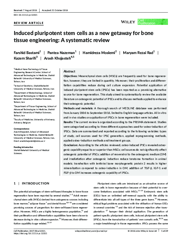 (PDF) Induced pluripotent stem cells as a new getaway for bone tissue engineering: A systematic ...