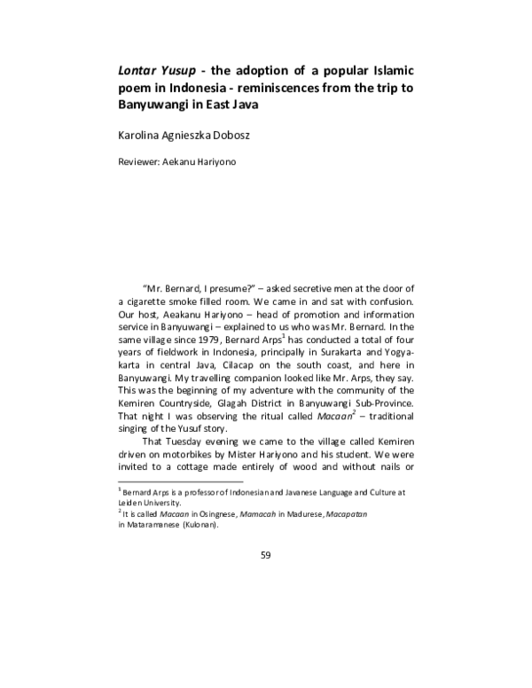 (PDF) Lontar Yusup - the adoption of a popular Islamic poem in ...